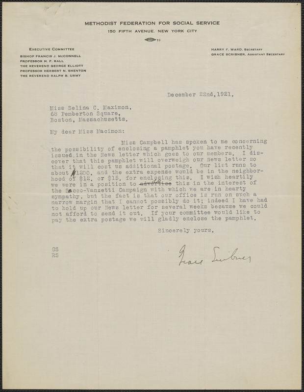 Grace Scribner (Methodist Federation for Social Service) typed letter ...