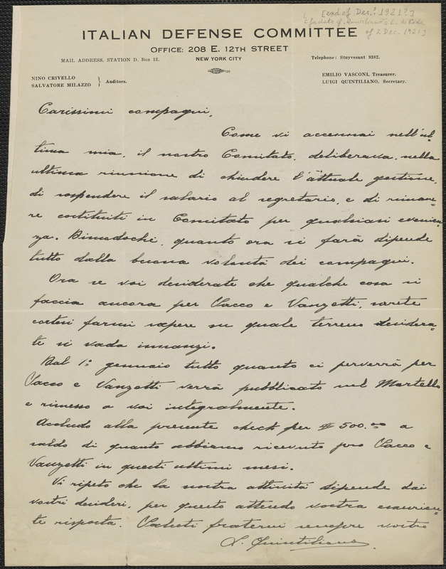 Luigi Quintiliano (Italian Defense Cimmittee) autograph letter signed ...