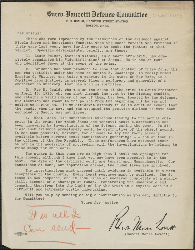 Robert Morss Lovett (Sacco-Vanzetti Defense Committee) typed letter ...
