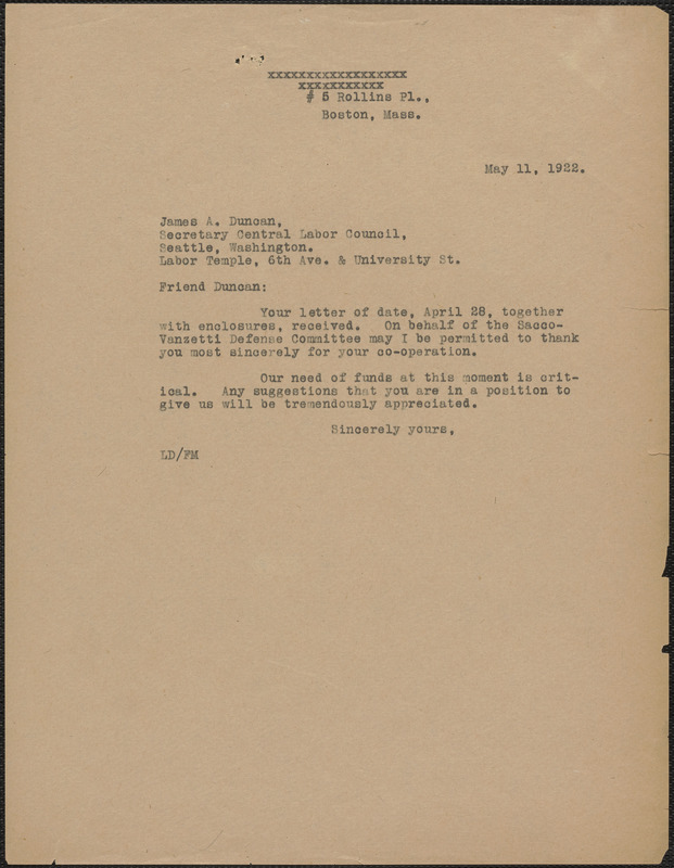 Sacco-Vanzetti Defense Committee typed letter (copy) to James A.Duncan ...