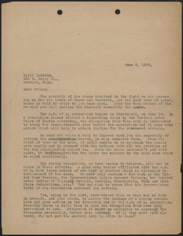 Sacco-Vanzetti Defense Committee typed letter (copy) to Cyril Lambkin ...