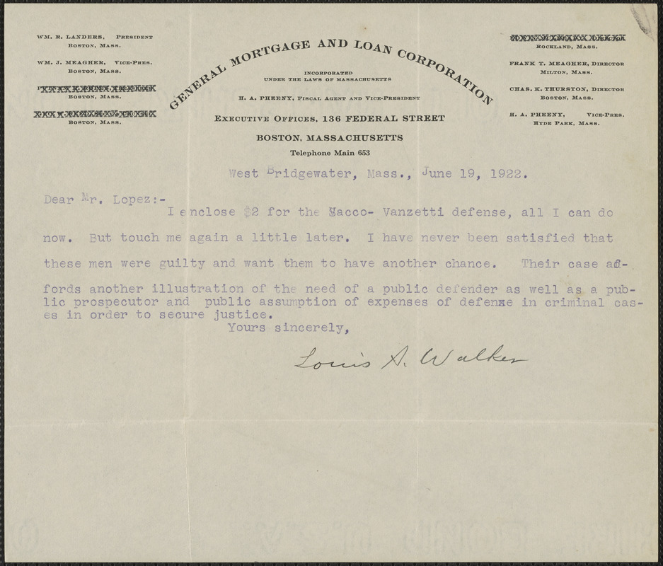 Louis A. Walker typed letter signed to Frank R. Lopez, Boston, Mass ...