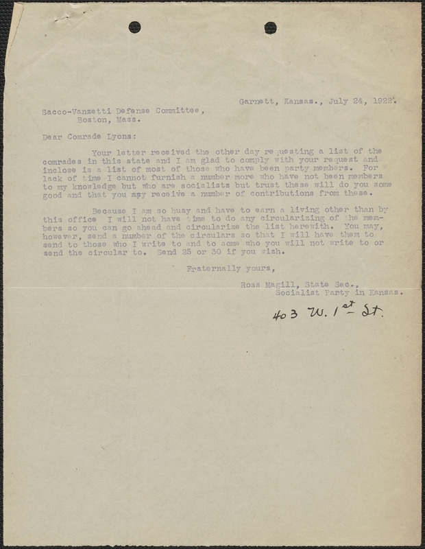 Ross Magill (Socialist Party of Kansas) typed letter to Eugene Lyons ...