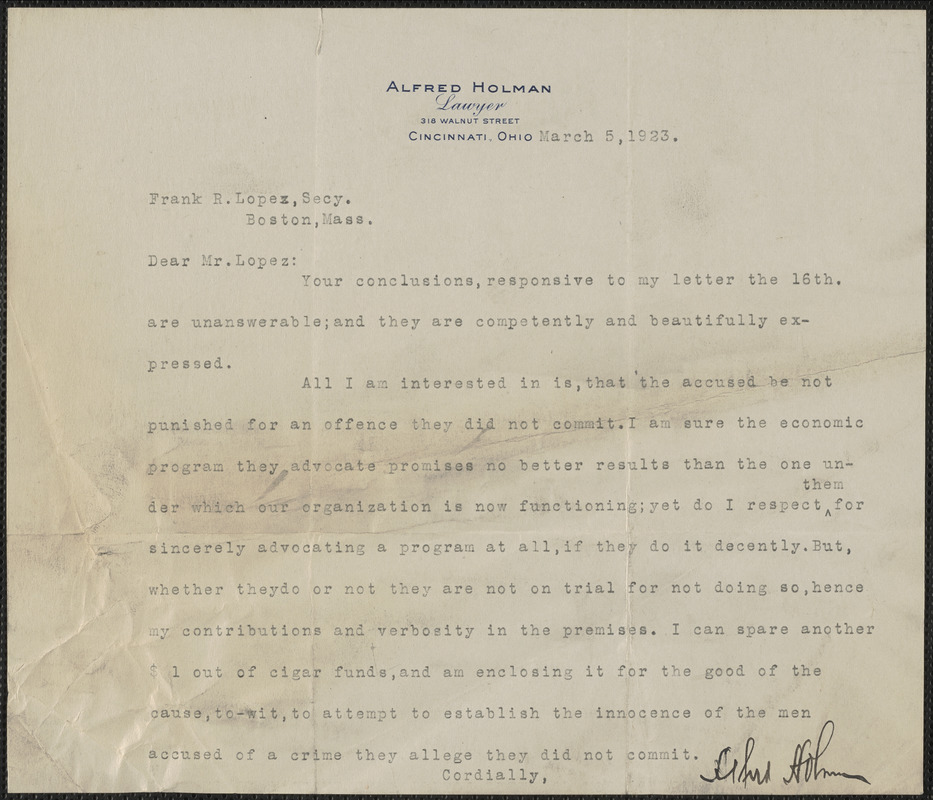 Alfred Holman typed letter signed to Frank R. Lopez, Cincinnati, Ohio ...