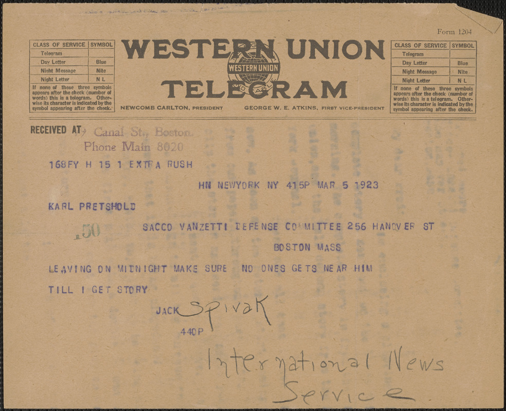 John L. (Jack) Spivak, (International News Service) telegram to Karl ...