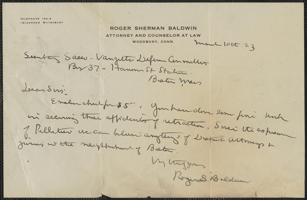 Roger Baldwin autograph note signed to Sacco-Vanzetti Defense Committee ...
