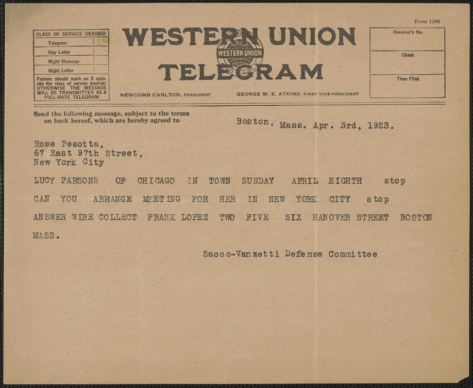 Sacco-Vanzetti Defense Committee telegram (copy) to Rose Pesotta ...