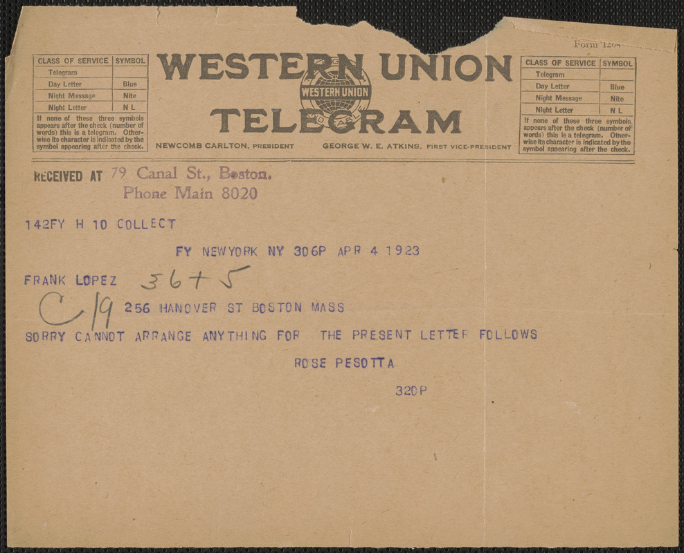 Rose Pesotta telegram to Frank R. Lopez, New York, N.Y., April 4, 1923 ...