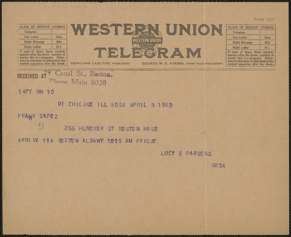 Lucy E. Parsons telegram to Frank R. Lopez, Chicago. Ill., April 5 ...