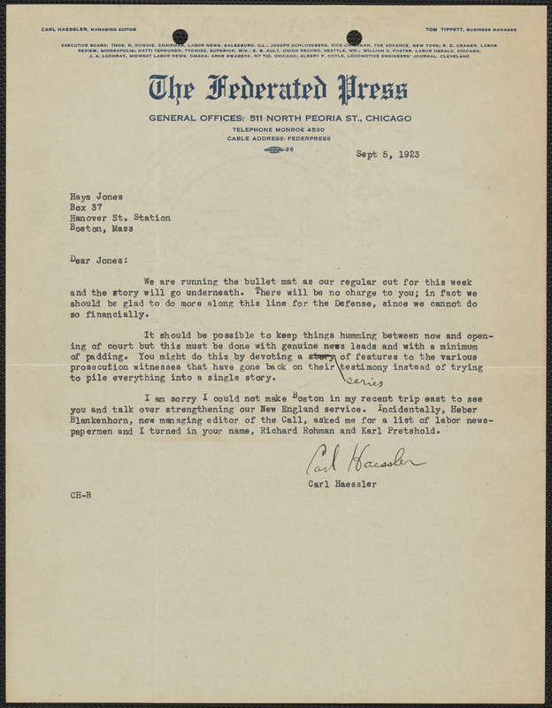 Carl Haessler (The Federated Press) typed letter signed to Hays Jones ...
