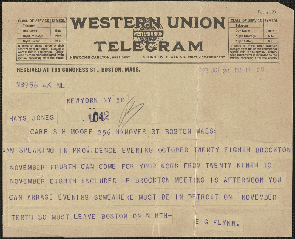 Elizabeth Gurley Flynn telegram to Hays Jones, New York, N.Y., October ...