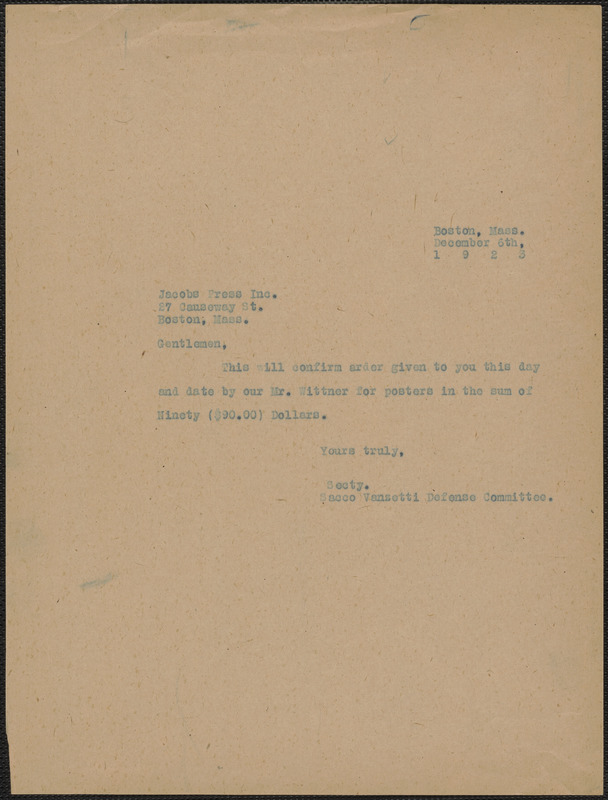 Sacco-Vanzetti Defense Committee typed letter (copy) to Jacobs Press ...