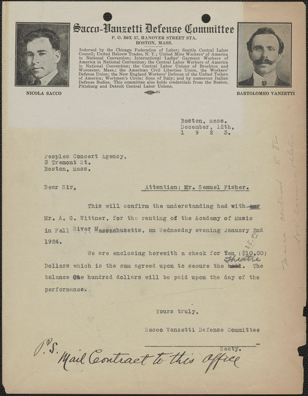 Sacco-Vanzetti Defense Committee typed letter (copy) to Samuel Fisher ...