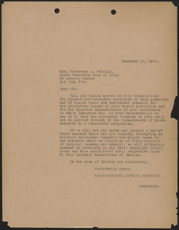 Sacco-Vanzetti Defense Committee typed letter (copy) to Salvatore A ...