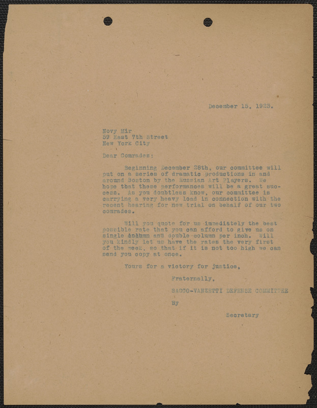 Sacco-Vanzetti Defense Committee typed letter to Novy Mir, Boston, Mass ...