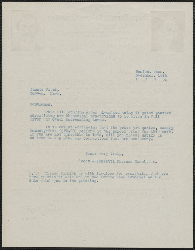 Sacco-Vanzetti Defense Committee typed letter to Jacobs Press, Inc ...
