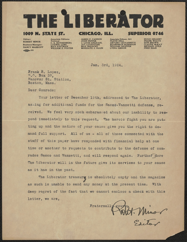 Robert Minor (The Liberator) typed letter signed to Frank Lopez ...