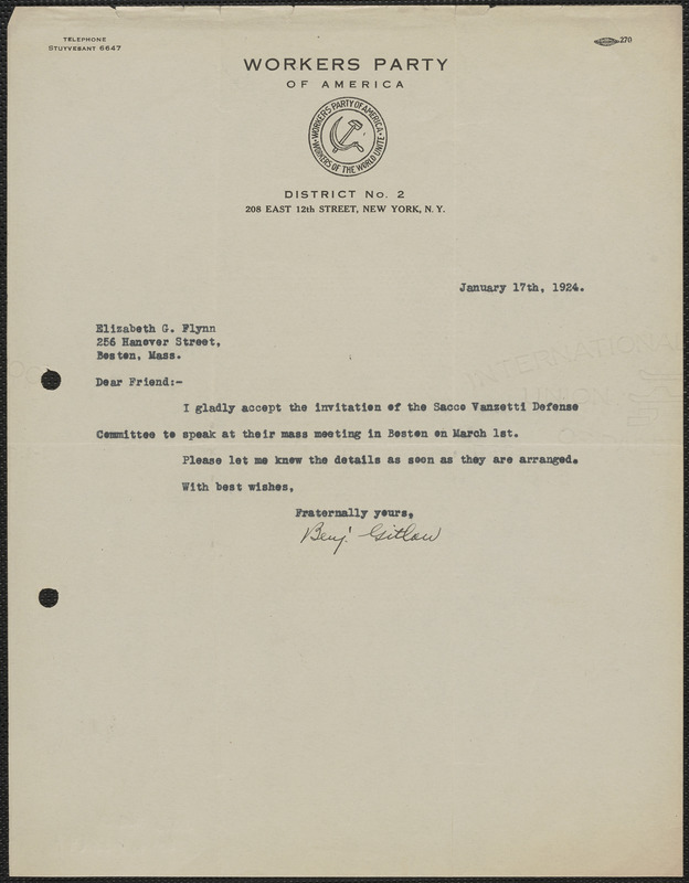 Benjamin Gitlow (Workers Party of America, District No. 2) typed letter ...