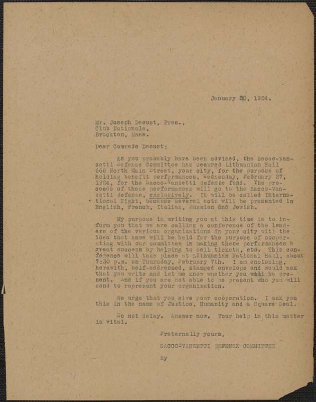 Sacco-Vanzetti Defense Committee typed letter (copy) to Joseph Daoust ...