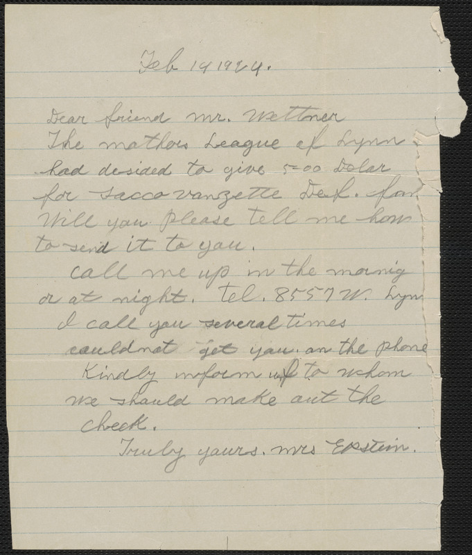 Mrs. Y. Epstein, autograph note signed to A.G. Wittner, Lynn, Mass ...