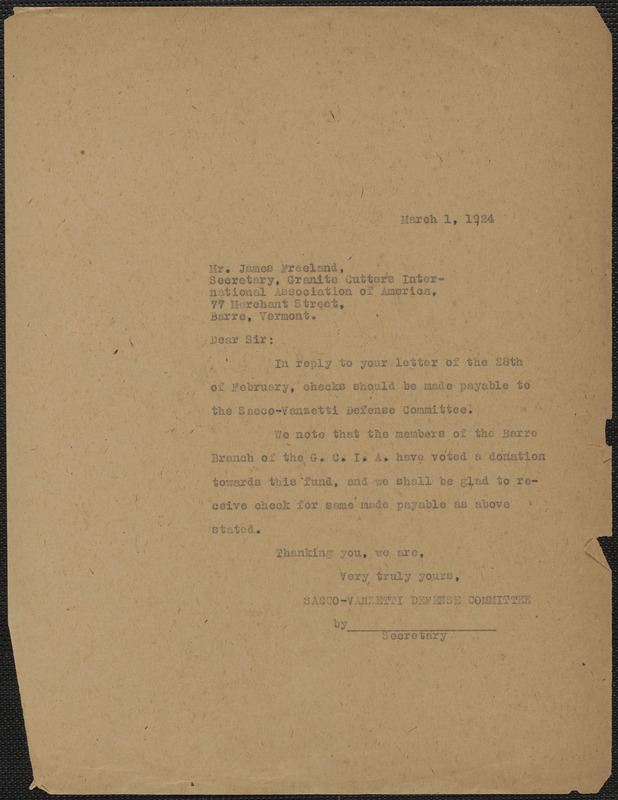 Sacco-Vanzetti Defense Committee typed letter (copy) to James Freeland ...