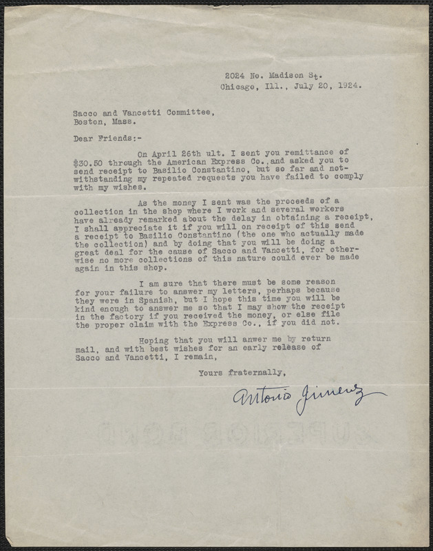 Antonio Jimenez typed letter signed to Sacco-Vanzetti Defense Committee ...