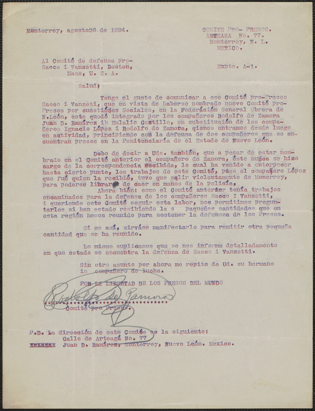 Rodolf de Zamora (Comite Pro Presos) typed letter signed, in Spanish ...