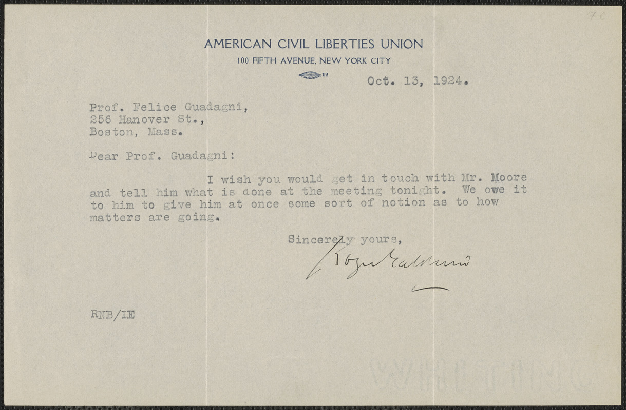 Roger N. Baldwin (American Civil Liberties Union) typed note signed to Felice Guadagni, New York ...