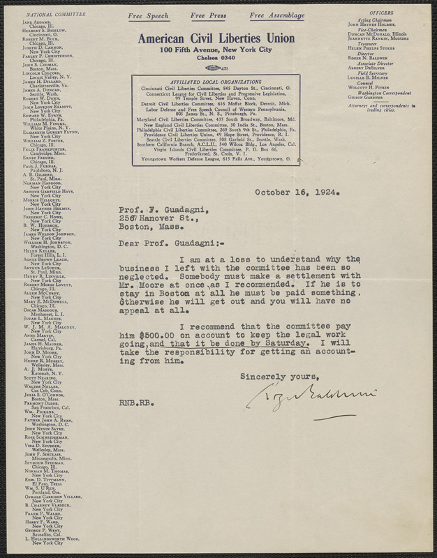 Roger N. Baldwin (American Civil Liberties Union) typed letter signed ...