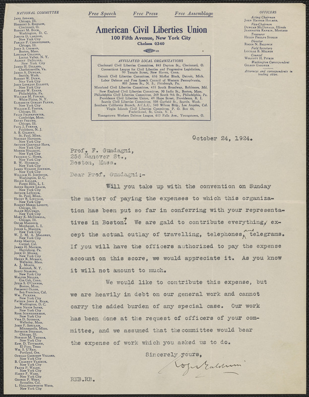 Roger N. Baldwin (American Civil Liberties Union) typed letter signed to Felice Guadagni, New ...