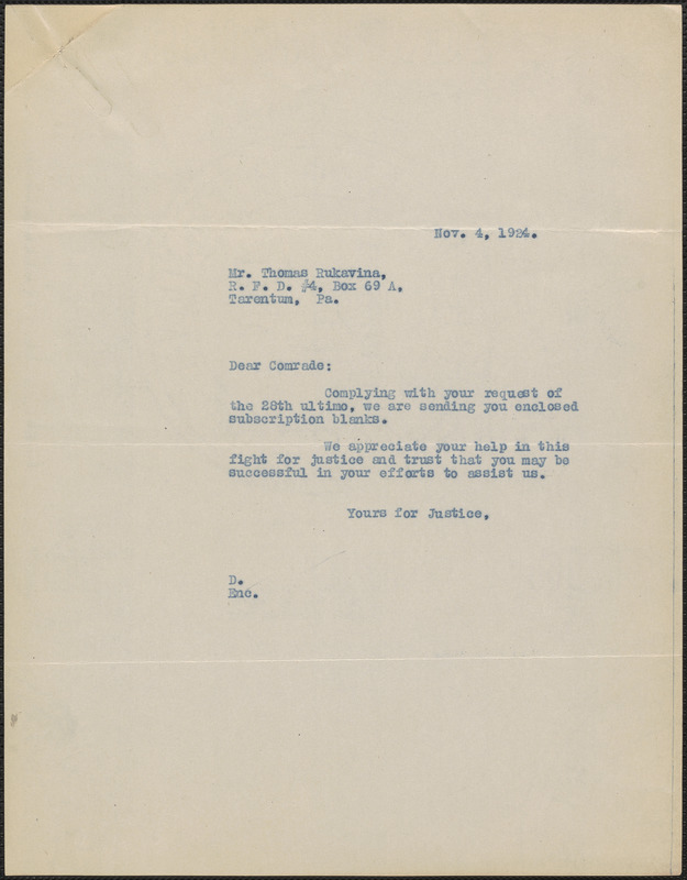 Sacco-Vanzetti Defense Committee typed letter (copy) to Thomas Rukavina ...