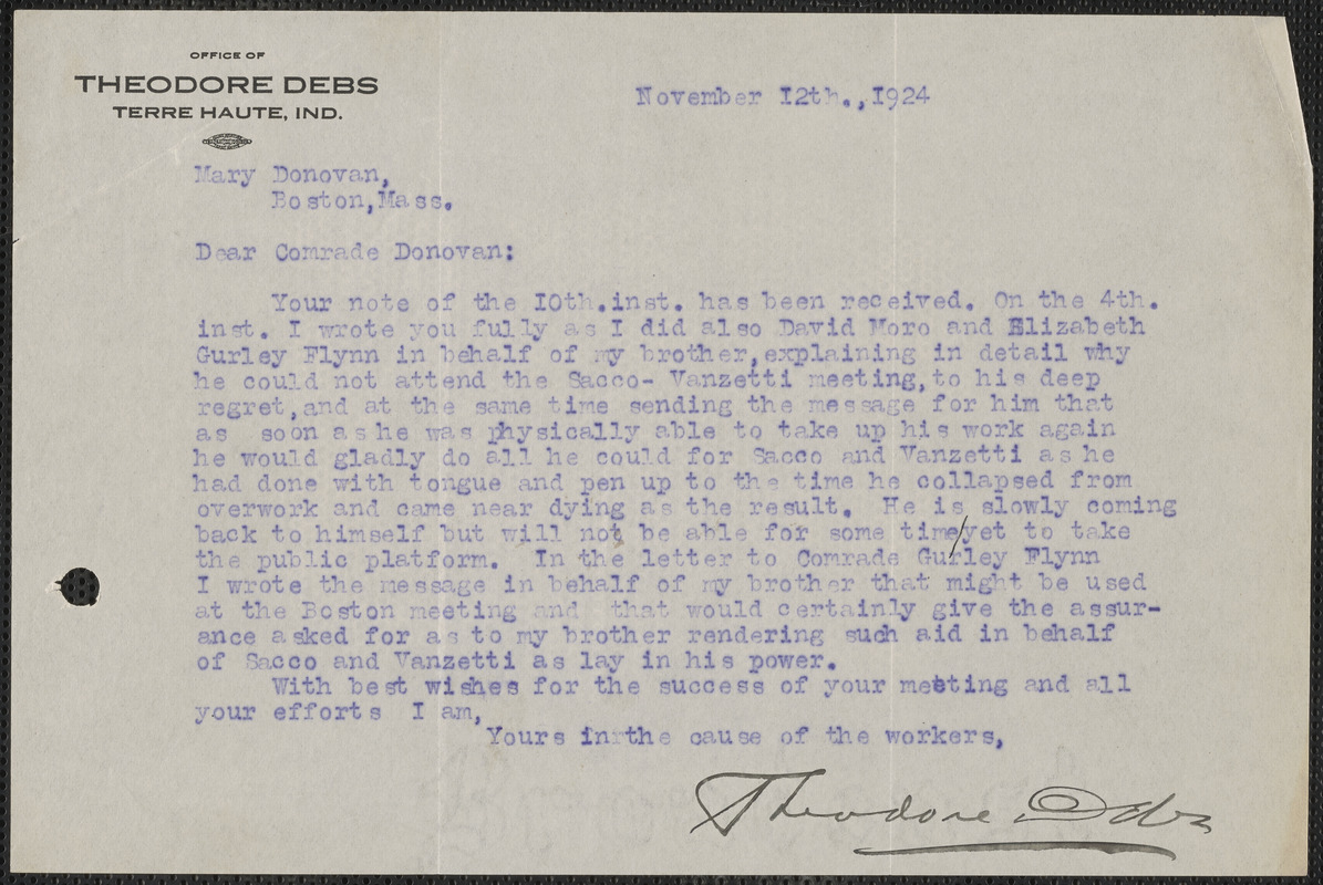 Theodore Debs typed note signed to Mary Donavan, Terra Haute, Ind ...
