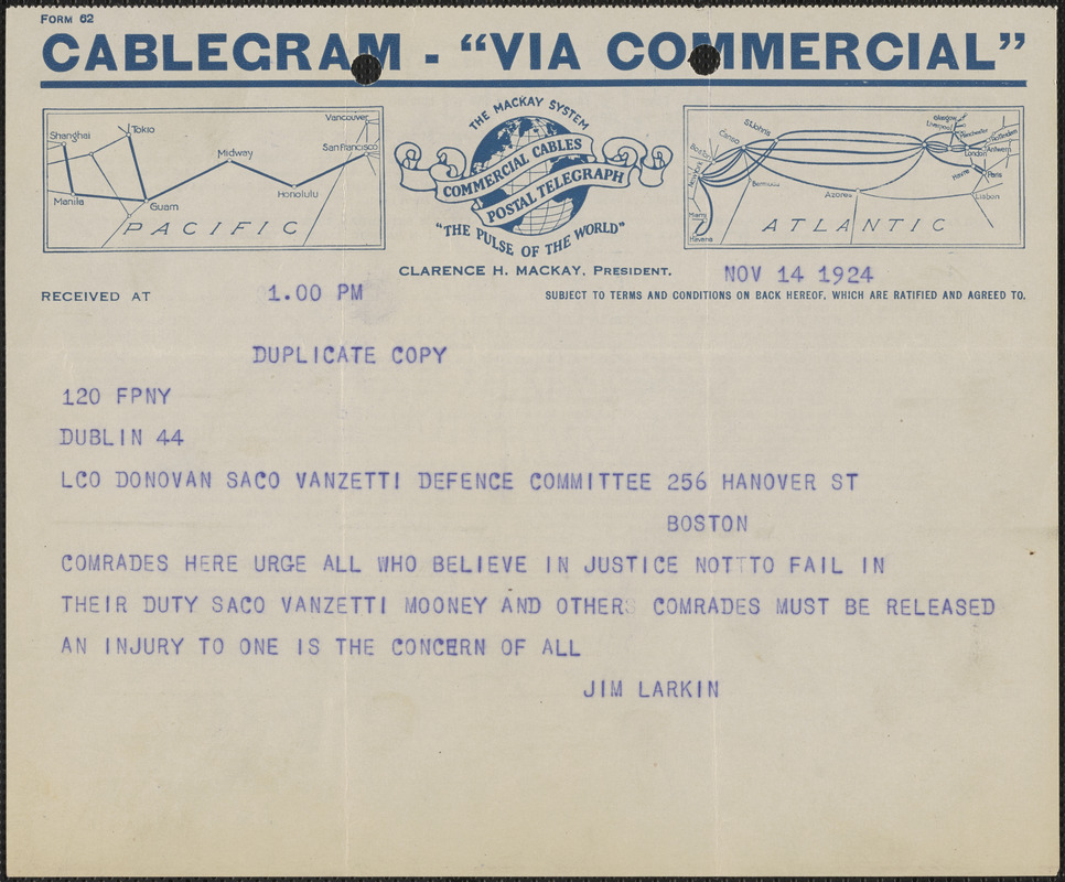 James Larkin telegram (copy) to Mary Donovan (Sacco-Vanzetti Defense ...