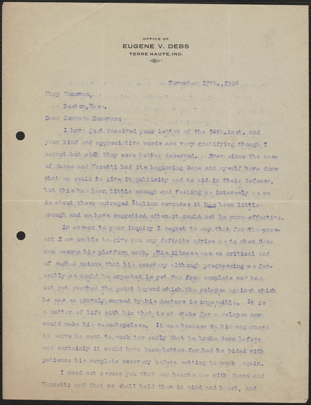 Theodore Debs typed letter signed to Mary Donovan, Terre Haute, Ind ...