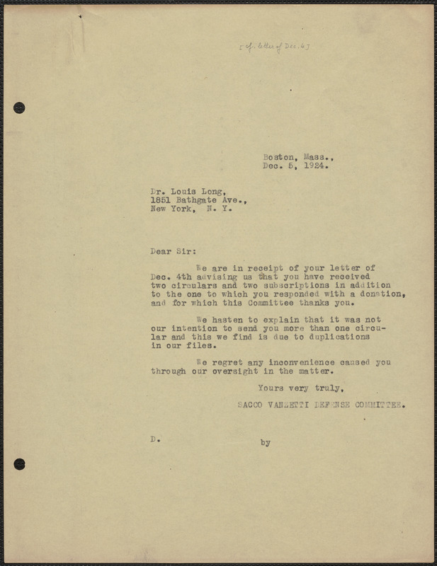 Sacco-Vanzetti Defense Committee typed letter (copy) to Louis Long ...