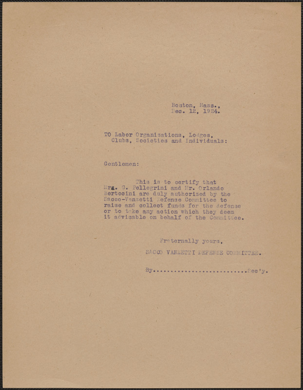 Sacco-Vanzetti Defense Committee typed letter (circular) to Labor ...