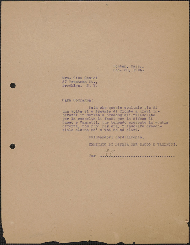 Sacco-Vanzetti Defense Committee typed letter (copy), in Italian, to ...