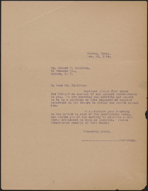 Sacco-Vanzetti Defense Committee typed letter (copy) to Albert H ...