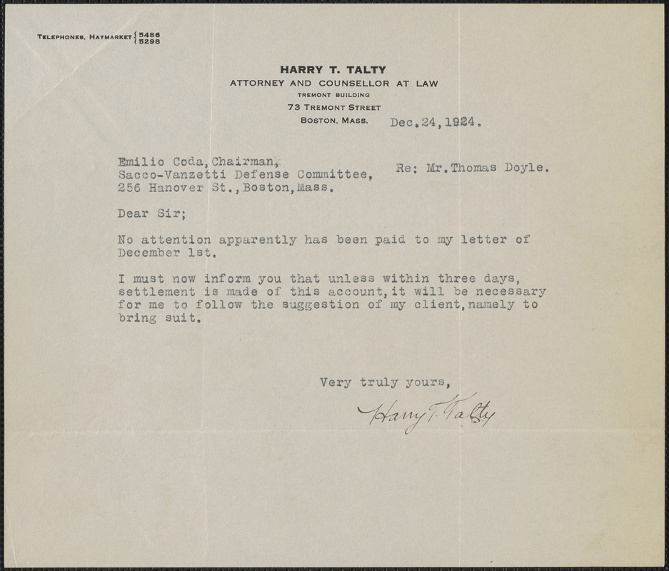 Harry T. Talty typed note signed to Emilio Coda, Boston, Mass ...