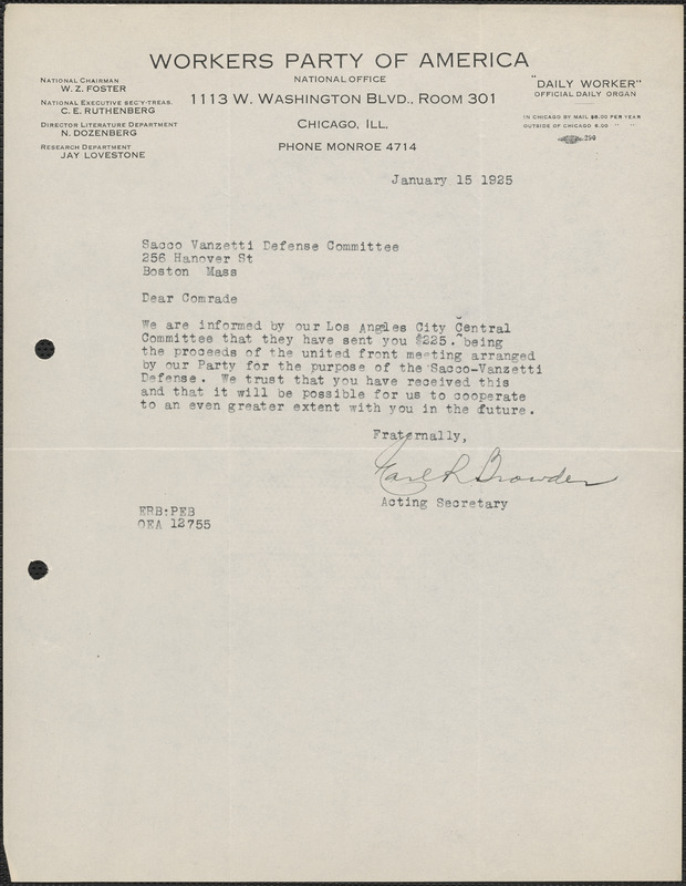 Earl R. Browder (Workers Party of America) typed note signed to Sacco ...