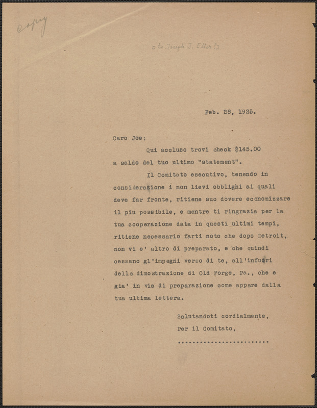 Sacco-Vanzetti Defense Committee typed letter (copy), in Italian, to ...