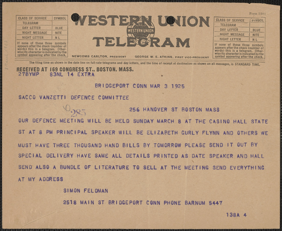 Simon Feldman telegram to Sacco-Vanzetti Defense Committee, Bridgeport ...
