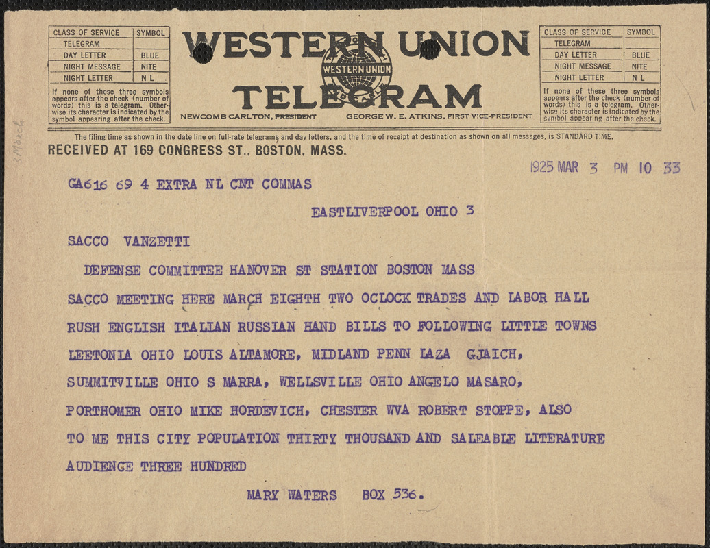 Mary Waters telegram to Sacco-Vanzetti Defense Committee, East ...