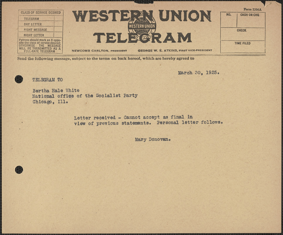 Mary Donovan telegram to Bertha Hale White (Socialist Party, National ...