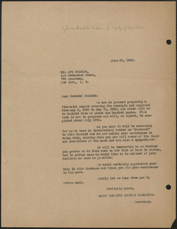 Sacco-Vanzetti Defense Committee typed letter (copy) to Art Shields ...