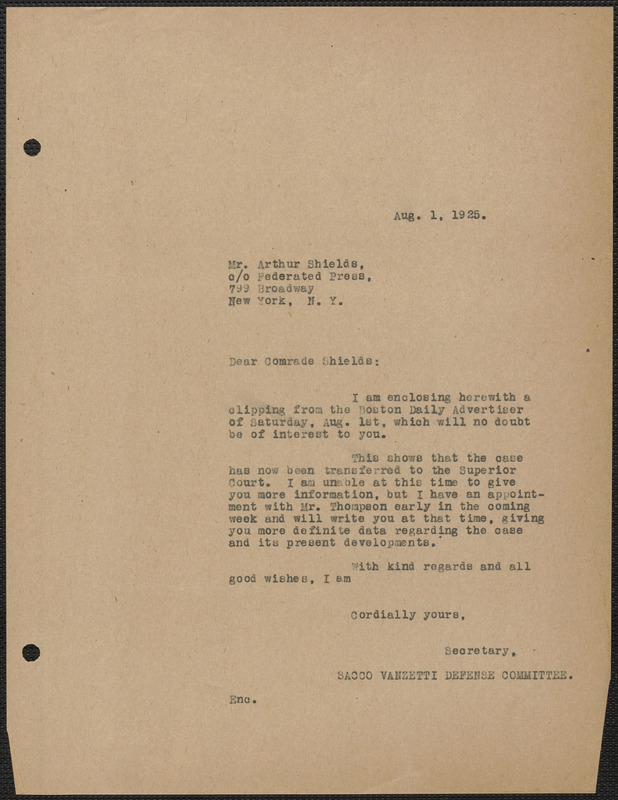 Sacco-Vanzetti Defense Committee typed letter signed to Art Shields ...