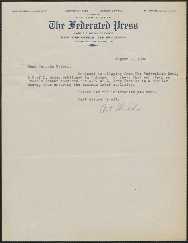 Art Shields (The Federated Press) typed note signed to Amleto Fabbri ...