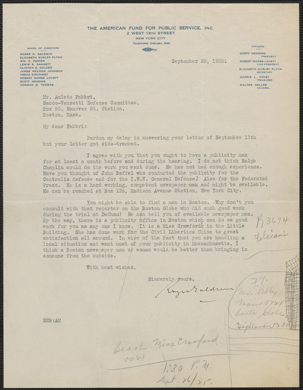 Roger N. Baldwin (The American Fund For Public Service, Inc.) typed ...