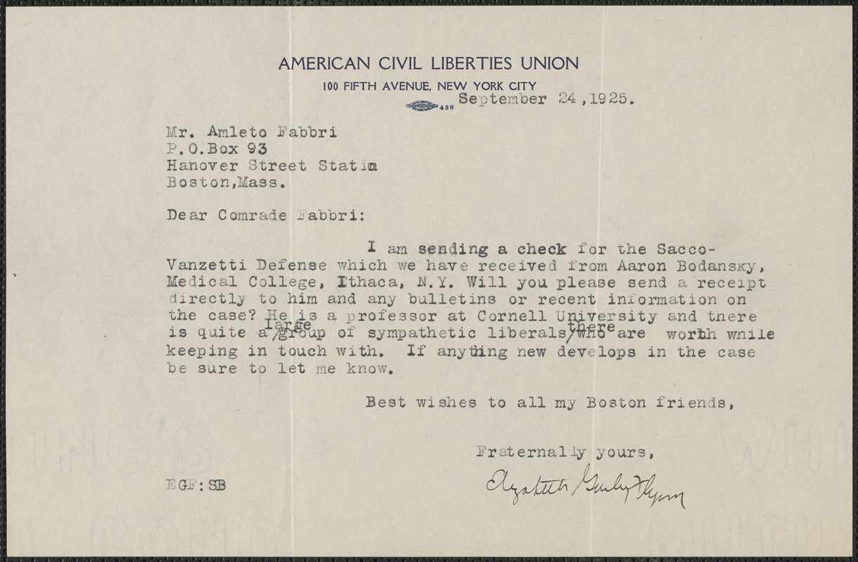 Elizabeth Gurley Flynn (American Civil Liberties Union) typed letter signed to Amleto Fabbri ...