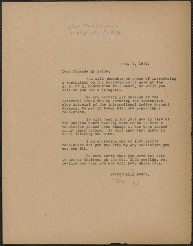 Mary Donovan typed letter (copy) to Sylvester J. McBride, Boston, Mass ...